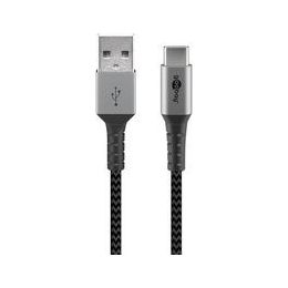 goobay USB 2.0 Kabel, USB-A Stecker > USB-C Stecker grau/silber, 1 Meter, Textilkabel mit Metallsteckern Verwendung: Zum Laden und Synchronisieren von Geräten mit USB-C Anschluss Anschlüsse: 1x USB-A (Stecker) auf 1x USB-C (Stecker) Version: USB 2.0