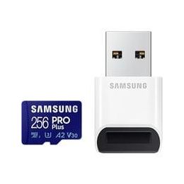 Samsung PRO Plus 256 GB SDXC (2023), Speicherkarte UHS-I U3, Class 10, V30, inkl. USB-Adapter Kapazität: 256 GB Geschwindigkeit: Lesen: max. 180 MB/s, Schreiben: max. 130 MB/s Speichertyp: SDXC Bus-Schnittstelle: UHS-I