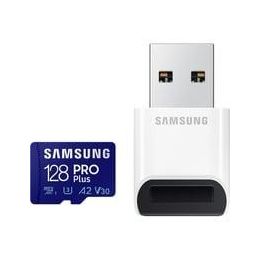 Samsung PRO Plus 128 GB SDXC (2023), Speicherkarte UHS-I U3, Class 10, V30, inkl. USB-Adapter Kapazität: 128 GB Geschwindigkeit: Lesen: max. 180 MB/s, Schreiben: max. 130 MB/s Speichertyp: microSDXC Bus-Schnittstelle: UHS-I