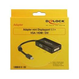 Delock Adapter MiniDisplayport > VGA/HDMI/DVI schwarz, 16 cm Verwendung: Adapterkabel Anschlüsse: 1x Mini-DisplayPort (Stecker) auf 1x Dsub (VGA, Buchse), 1x DVI-D (Buchse), 1x HDMI (Buchse)