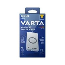 Varta Wireless Powerbank 10.000 weiß, 10.000 mAh, Qi, Power Delivery, Quick Charge 3.0 Kapazität: 10.000 mAh, 37 Wh Akku-Technologie: Lithium-Polymer-Akku Ladeanschlüsse: 2x USB-A, 1x USB-C Stromquelle: USB-C, Micro-USB