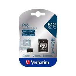 Verbatim Pro U3 512GB microSDXC, Speicherkarte schwarz, Class 10, UHS-I (U3), V30, 4K UHD Kapazität: 512 GB Geschwindigkeit: Lesen: max. 90 MB/s, Schreiben: max. 45 MB/s Speichertyp: microSDXC Bus-Schnittstelle: UHS-I