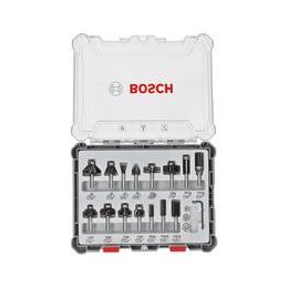 Bosch Fräser-Set, 15-teilig 8mm-Schaft Materialeignung: Holz Schaft: Ø 8 mm Anzahl: 15 -teilig Material: HM (Hartmetall)