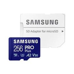 Samsung PRO Plus 256 GB microSDXC (2023), Speicherkarte blau, UHS-I U3, Class 10, V30, A2 Kapazität: 256 GB Geschwindigkeit: Lesen: max. 180 MB/s, Schreiben: max. 130 MB/s Speichertyp: SDXC Bus-Schnittstelle: UHS-I