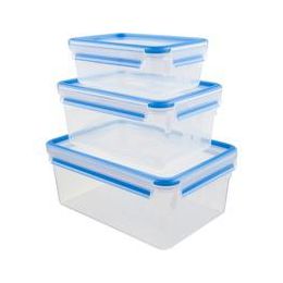 Emsa CLIP & CLOSE Frischhaltedosen-Set, 3-teilig transparent/blau, rechteckig, 3 Dosen + 3 Deckel