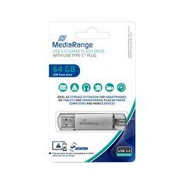 MediaRange Kombo-Speicherstick 64 GB, USB-Stick silber/transparent, USB-A 3.2 Gen 1, USB-C 3.2 Gen 1