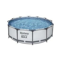 Bestway Steel Pro MAX Pool-Set, Ø 366cm x 100cm, Schwimmbad hellgrau, mit Filterpumpe Wasserinhalt: 9.150 Liter Wassertiefe max.: 90 cm Filtersystem: Kartuschenfilter, 2.006 l/h Aufbau: Sicherheitsleiter, Ablassventil
