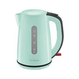 Bosch Wasserkocher CompactClass TWK7502 türkis/schwarz, 1,7 Liter Leistung: 2.200 Watt Fassungsvermögen: 1,7 Liter Deckel: Öffnen per Knopfdruck Sicherheit: Abschalt-Automatik, Rutschsicherung