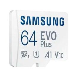 Samsung EVO Plus 64GB microSDXC (2021), Speicherkarte weiß, UHS-I U1, Class 10, V10, A1 Kapazität: 64 GB Geschwindigkeit: Lesen: max. 130 MB/s Speichertyp: microSDXC Bus-Schnittstelle: UHS-I, High Speed