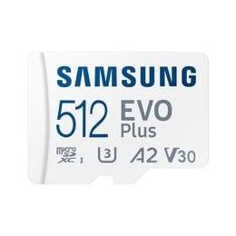 Samsung EVO Plus 512 GB microSDXC (2021), Speicherkarte weiß, UHS-I U3, Class 10, V30, A2 Kapazität: 512 GB Geschwindigkeit: Lesen: max. 130 MB/s Speichertyp: microSDXC Bus-Schnittstelle: UHS-I, High Speed