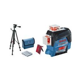 Bosch Linienlaser GLL 3-80 C Professional + Baustativ BT 150, Kreuzlinienlaser blau/schwarz, mit roten Laserlinien, ohne Akku