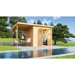 Karibu Gartenhaus "Moordeich 5" SET naturbelassen mit Anbaudach, BxT: 415x236 cm, aus hochwertiger nordischer Fichte, beige
