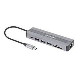 Manhattan USB-C Dock/Hub with Card Reader, Ports (x5): Ethernet, HDMI, USB-A (x2) and USB-C, With Power Delivery (87W) to USB-C Port (Note add USB-C wall charger and USB-C cable needed), All Ports can be used at the same time - Dockingstation - US...