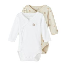 name it - Langarm-Body NBNBODY RAINY DAY 2er-Pack in beige/weiß, Gr.62