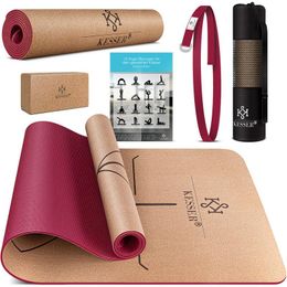 Yogamatte Kork Inkl. Tragegurt Tasche & Yoga-Block Gymnastikmatte Yoga Matte rutschfest aus Naturkautschuk tpe Fitnessmatte Bordeaux - Kesser