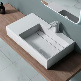 75x43x14cm Design Waschbecken mit verstecktem Ablauf Colossum12-Rechts in weiß aus Gussmarmor als Aufsatzwaschbecken und Hängewaschbecken geeignet