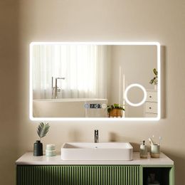 Badspiegel Wandspiegel mit Beleuchtung led Badspiegel mit Energiesparend, 100×60cm Touchschalter, 3-fach Vergrößerung,3 Lichtfarbe, Dimmbar, Uhr