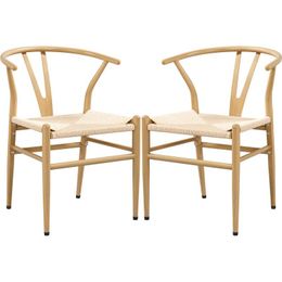 Yaheetech - 2-er Set mittelalterliche Esszimmerstühle Y-Stuhl Rattan Sessel Lehnstuhl mit Gewebtem Sitz, Armlehnenstuhl, holzfarbe