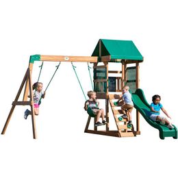 Spielturm Buckley Hill aus Holz xxl Spielhaus für Kinder mit Rutsche, Schaukel und Kletterleiter Stelzenhaus für den Garten - Braun - Backyard