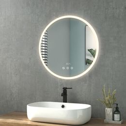Heilmetz - Badspiegel mit Beleuchtung Rund led Spiegel Acryl Wandspiegel Neutrales Licht 4300K 60cm Beschlagfrei Bluetooth und Uhr