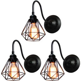 Wandleuchte Vintage, Mini Diamant Form Wamp Lampe im Industri Design, Decor Lampe mit Käfig für Wohnzimmer Esszimmer Schwarz 3PCS