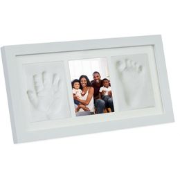 Relaxdays Baby Gipsabdruck Set mit Bilderrahmen, Handabdruck, Fußabdruck & 1 Foto, Babyabdrücke, HxB: 18 x 35 cm, weiß