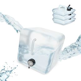 Faltbarer Wasserkanister 4er Set, 10 l, Faltkanister mit Hahn, BPA-frei, lebensmittelecht, transparent/schwarz - Relaxdays