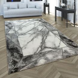 Paco Home Teppich Wohnzimmer Kurzflor Marmor Optik Mit Bordüre Modern Geometrisch Silber 80x150 cm