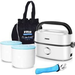 MLB-810 Elektrische Lunchbox, tragbare Multi-Food-Heizung mit herausnehmbaren Keramikbehältern, 2 x 0,5 l, Edelstahlbesteck, Transportschutztasche