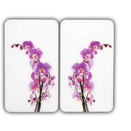 Wenko Maximex Herdabdeckplatte Universal Orchideenblüte 2er Set, für alle Herdarten, Mehrfarbig, Gehärtetes Glas mehrfarbig, Kunststoff (TPE) hellgrau,