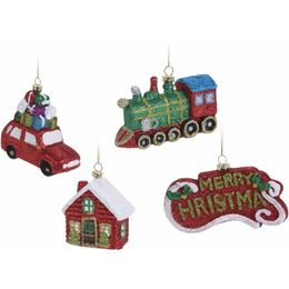 Spetebo Glitzer Christbaum Schmuck 4er Set - Winterdorf - Auto Zug Haus Merry Christmas Schild - Weihnachtsbaum Deko Kugeln