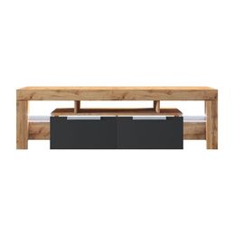 Selsey VERGON - Fernsehschrank / modernes TV-Board mit 5 offenen Fächern und 2 Schränken, 180 cm breit (Holzoptik Lancaster Eiche / Schwarz Hochglanz