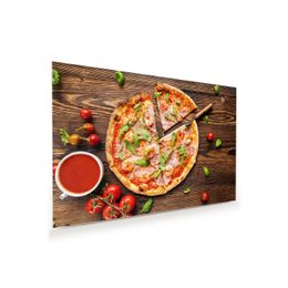 Primedeco Glasbild Wandbild Pizza auf Holzplatte mit Aufhängung