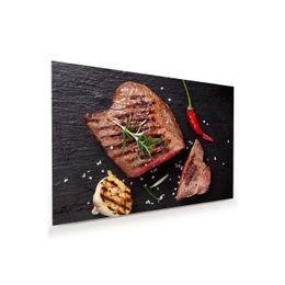 Primedeco Glasbild Wandbild Steak und Chilli mit Aufhängung