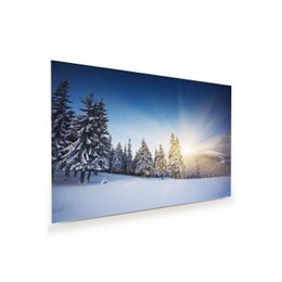 Primedeco Glasbild Wandbild Schnee im Sonnenuntergang mit Aufhängung