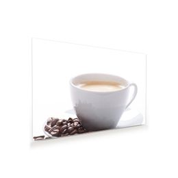 Primedeco Glasbild Wandbild Kaffeebohnen auf Tasse mit Aufhängung