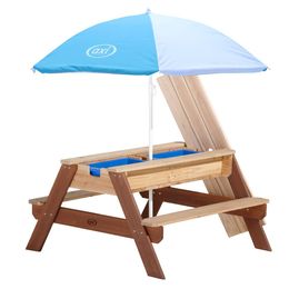 AXI Nick Sand & Wasser Picknicktisch Braun - Sonnenschirm Blau/weiß