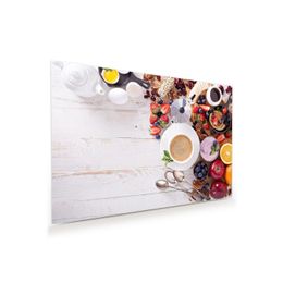 Primedeco Glasbild Wandbild Bunter Frühstückstisch mit Aufhängung