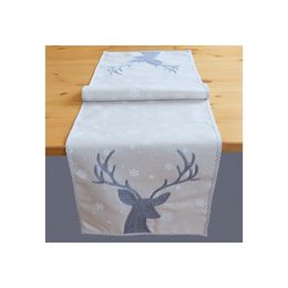 TextilDepot24 Tischdecke mit Stickerei Hirsch Hellgrau weiß eisblau Silber Weihnachtsdeko