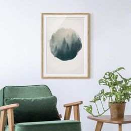 MICASIA - Bild mit Rahmen - Wasserfarben - Nadelwald im Nebel Größe HxB: 24cm x 18cm, Rahmen: Eiche