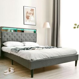 Dickes Bett, Doppelbett, Stauraum-Kopfteil mit LED-Beleuchtung grauer Holzlattenrost 140x200CM (Matratze nicht im Lieferumfang enthalten)
