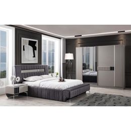 JVmoebel Schlafzimmer-Set Schlafzimmer Garnitur Doppelbett Bett Nachttische 4tlg Grau Schrank