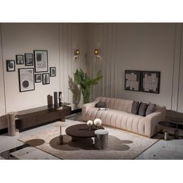 JVmoebel Wohnzimmer-Set Luxus Komplette Wohnzimmer Sofa Beistelltische 6tlg Stoff Beige Holz
