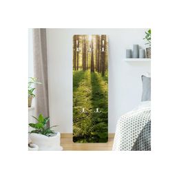 Bilderdepot24 Garderobenpaneel grün Bäume Wald Natur Sonnenstrahlen in grünem Wald Design (ausgefallenes Flur Wandpaneel mit Garderobenhaken Kleiderhaken hängend)