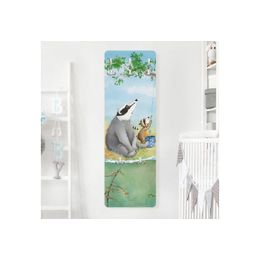 Bilderdepot24 Garderobenpaneel türkis Aquarell Bäume Wald Kinder Tiere Natur Wassili Waschbär (ausgefallenes Flur Wandpaneel mit Garderobenhaken Kleiderhaken hängend)