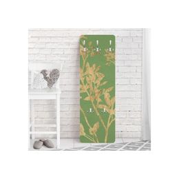 Bilderdepot24 Garderobenpaneel grün Botanik Tropisch Retro Vintage Sprüche Goldene Blätter auf Lind (ausgefallenes Flur Wandpaneel mit Garderobenhaken Kleiderhaken hängend)