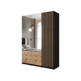 MOEBLO Kleiderschrank XANO 150 (Drehtürenschrank mit Schubladen 3-türig Schrank Garderobe Schlafzimmer Schrank mit Latten aus Holz / Holzlatten
