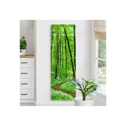 Bilderdepot24 Garderobenpaneel grün Bäume Wald Natur Romantischer Waldweg Design (ausgefallenes Flur Wandpaneel mit Garderobenhaken Kleiderhaken hängend)