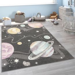 Kinderteppich Teppich Kinderzimmer Junge Mädchen Weltraum Planeten Anthrazit 133x190 cm - Paco Home