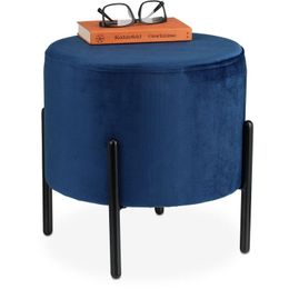 Samthocker, runder Sitzhocker, gepolstert, schwarze Metallbeine, h x d: 38,5 x 40,5 cm, Hocker Samt, blau - Relaxdays